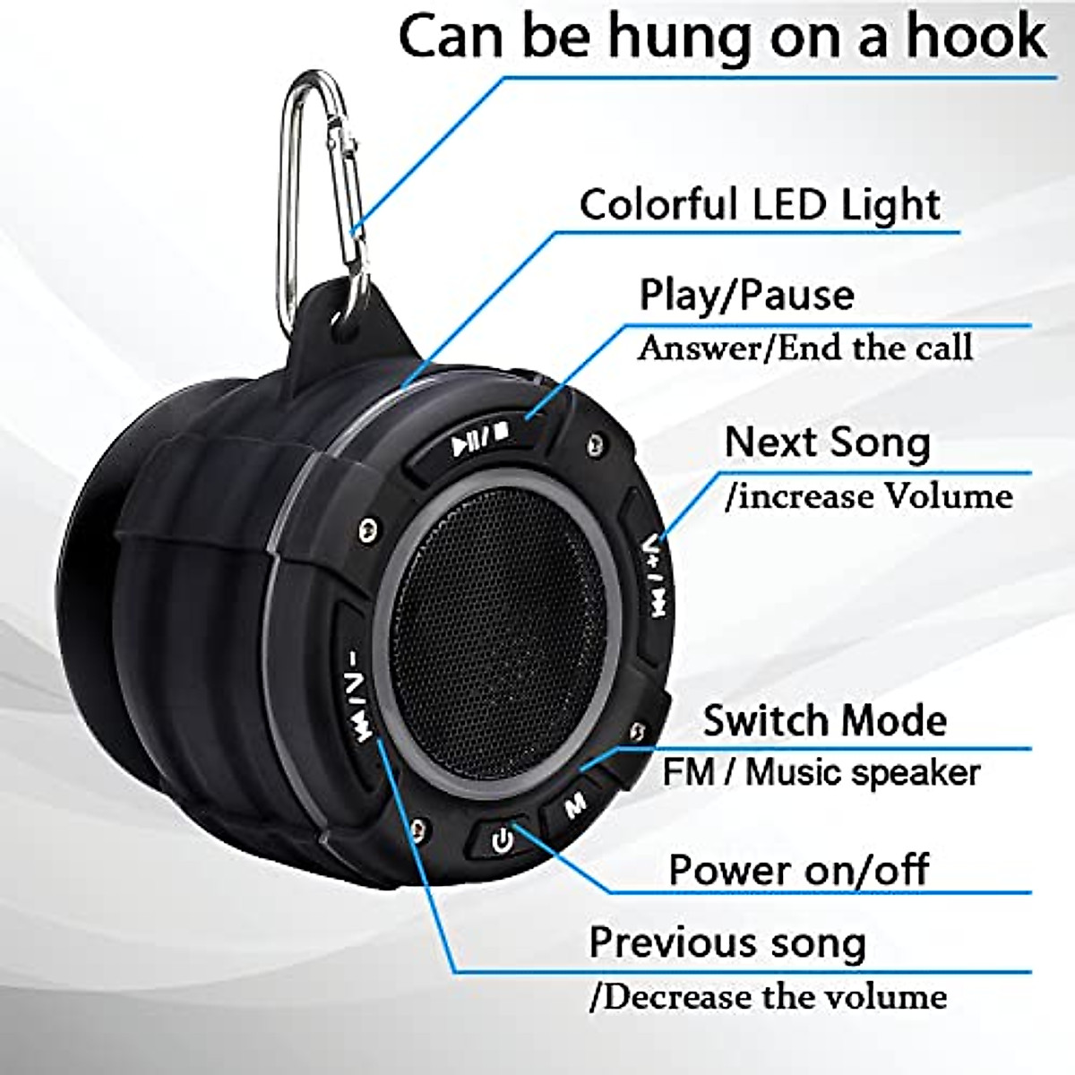 Retekess TR622 Shower Radio Bluetooth Speaker,Waterproof Wireless Bathroom FM with Suction Cup,Light Show, for Shower Beach Swimming