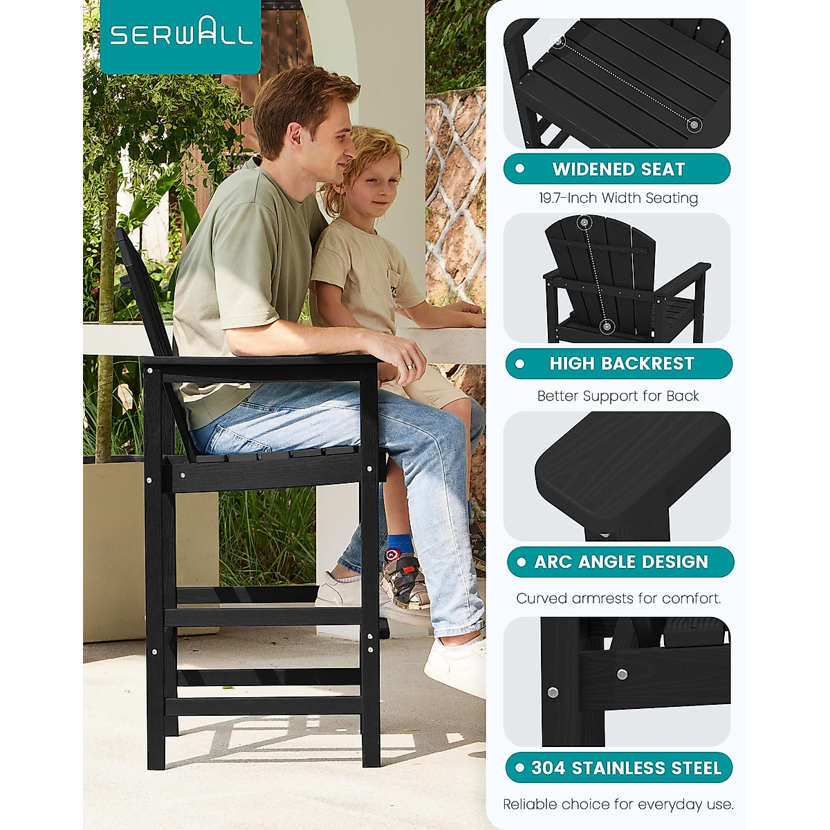 SERWALL Tall Adirondack Chairs Set of 2, HDPE Bar Height Outdoor Chairs, Wood-Like Adirondack Bar Stools for Patio, Balcony, Porch, Black