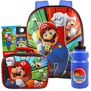 Mario Shop Super Mario Backpack With Lunch Box For Kids ~ 4 Pc Bundle Featuring Mario, Yoshi, and Luigi, With School Bag, Stickers, Lunch Bag And More | Nintendo School Supplies