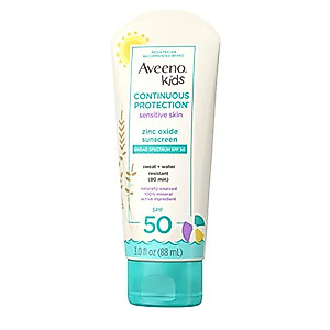 Aveeno Kids Continuous Protection Zinc Oxide Mineral Sunscreen Lotion for Children's Sensitive Skin with Broad Spectrum SPF 50, Tear-Free, Sweat- & Water-Resistant, Non-Greasy, 3 fl. oz