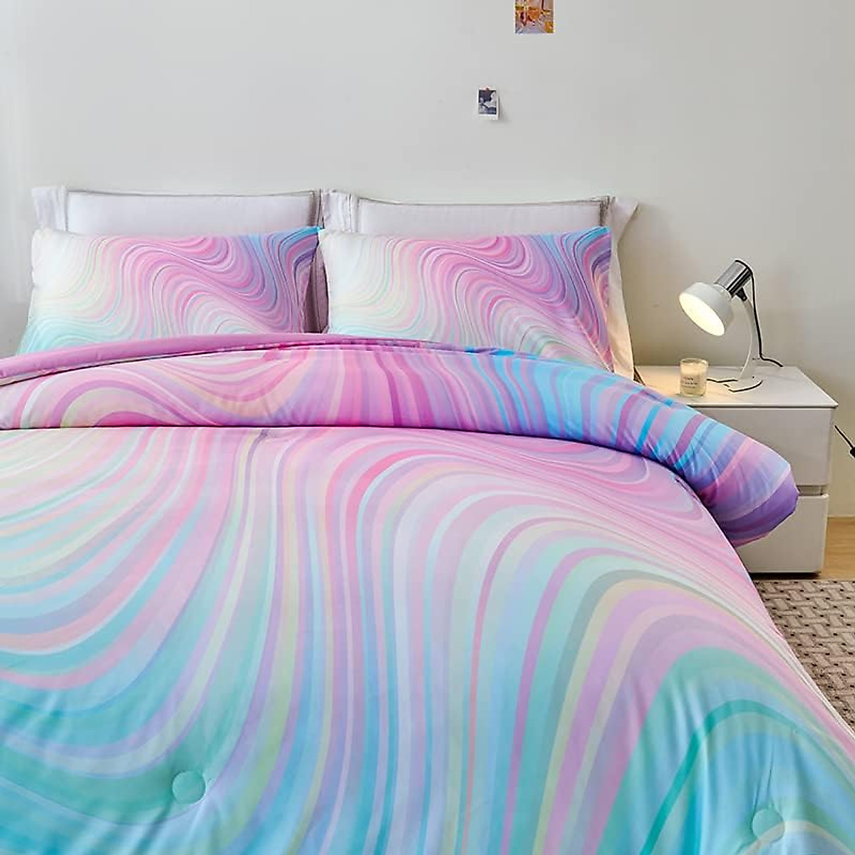 Helloosuu Girls Pink Comforter Twin,Pink Bedding Set for Girls,Tie Dye Comforter Set,Kids Comforter Set for Girls,Blue Pink Teen Comforter Twin with 2 Pink Pillowcases,Rainbow Comforter Set