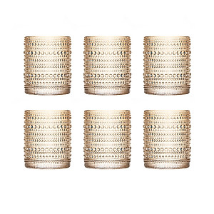 Golden Hobnail Beaded Drinking Glasses Set of 6, 12 oz Vintage Glassware Set Romantic Water Glasses Tumbler, Water Cups, Clear Embossed Glassware Set for Beer, Juice, Cocktail, Soda, Beverages Amber