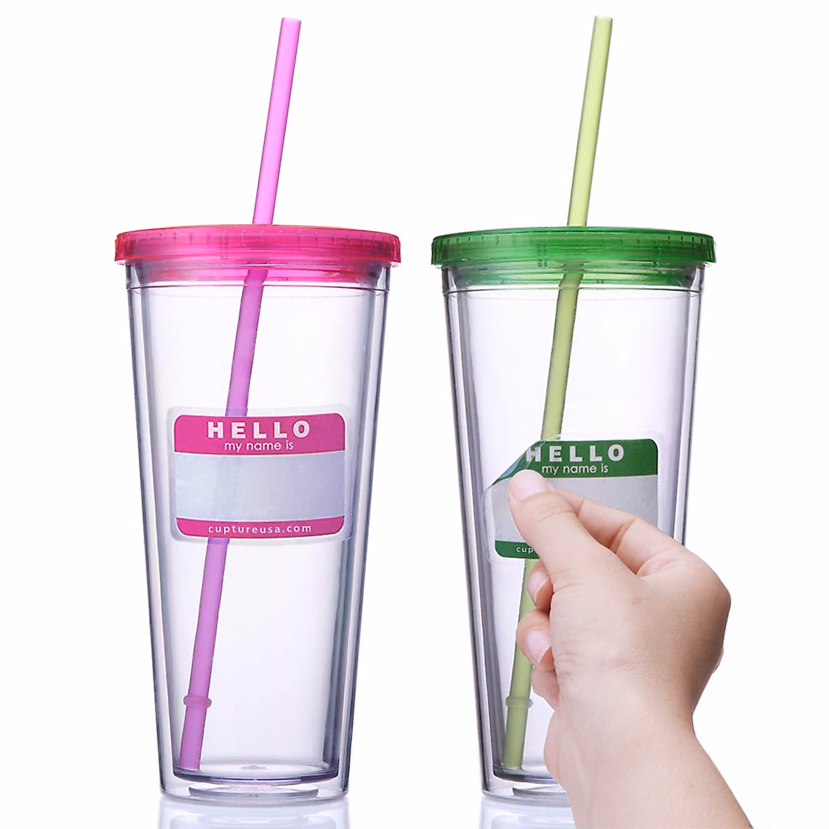 Cupture Classic Insulated Double Wall Tumbler Cup with Lid, Reusable Straw & Hello Name Tags - 24 oz, 2 Pack (green/pink)