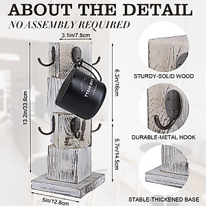 LIERONE 8 Hooks Coffee Mug Holder for Counter Rustic Solid Wood Mug Tree Farmhouse Wooden Coffee Cup Rack Distressed Mug Stand (White)