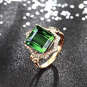 SixTwo 18K Yellow Gold Large 7.35 Carat Perfect Princess Square Cut Cubic Zirconia CZ Diamond Emerald Birthstone Halo Solitaire Engagement Rings Rainbow Gemstone Ring ST.286 (Green, 10)