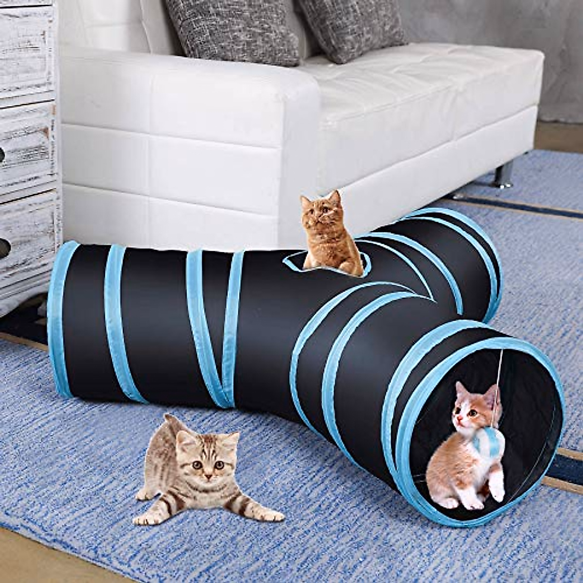 CO-Z 3 Way Cat Rabbit Tunnel Tube, Collapsible Crinkle Pet Tunnels Cats Accessories with Toy Ball Peek Hole, Roomy and Tear Resistant Indoor Outdoor Pet Toy Play Tunnel for Kitty Bunny Puppy