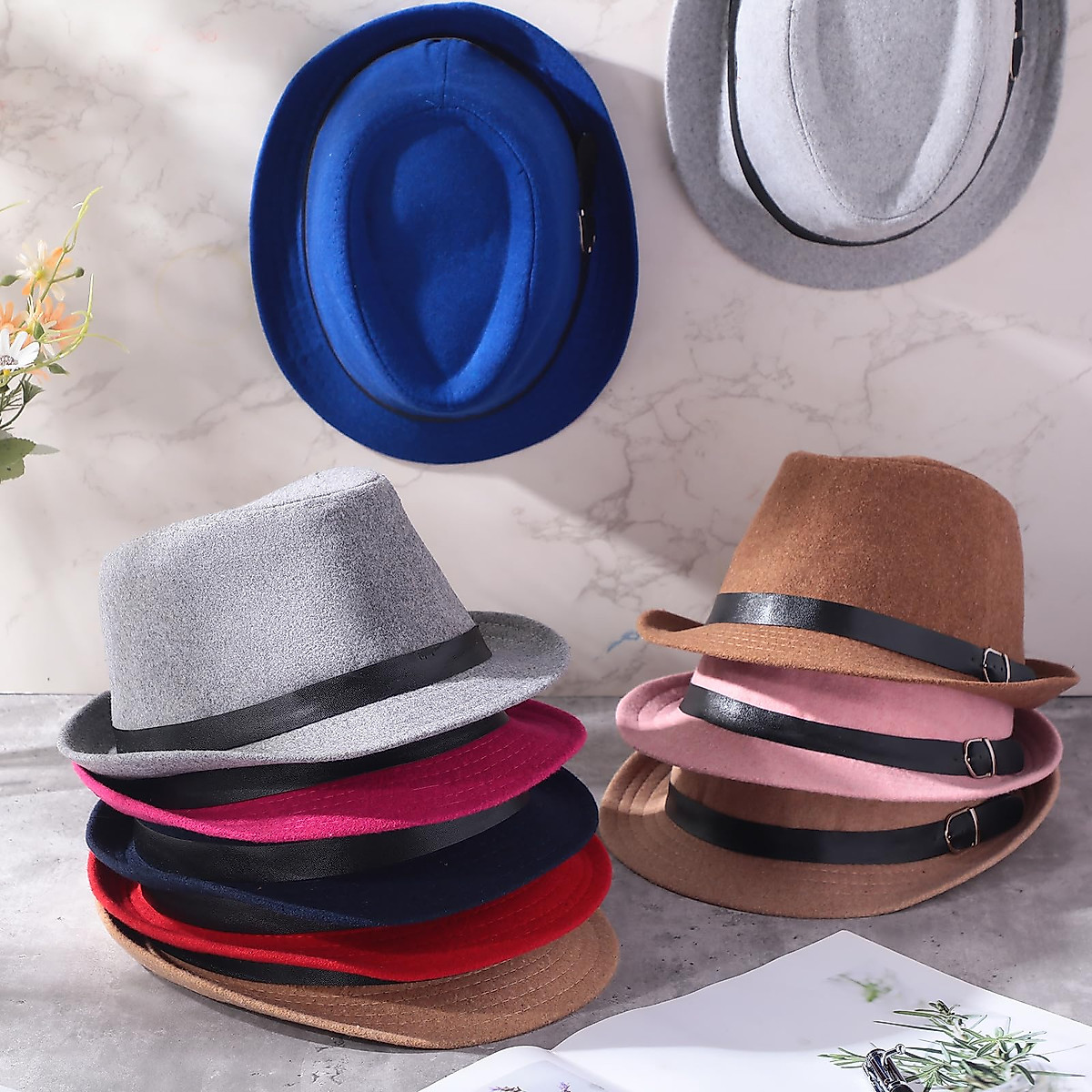 Liitrsh 16 Pcs Short Brim Trilby Hats for Men Women Classic Panama Hats with Belt Summer Hats Vintage Dress Hats for 1920s Party Wedding Accessories, 16 Colors Beach Hats