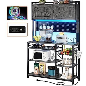 Itaar Bakers Rack with Power Outlet and Led Lights, Coffee Bar Cabinet, Microwave Stand with Wine Rack, Wire Basket, Pegboard and 8 Hoos for Kitchens with Storage, 35.4”, Grey