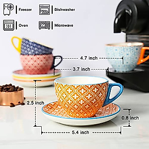 KitchenTour Espresso Cups and Saucers set, 6-pack,7oz - Cappuccino Cups with handle set of 6 - Teacup for Tea Party Bohemia style