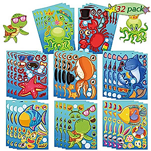 32 Sheets Reusable Make-A-Sea Face Stickers Ocean Animals DIY Art Craft Rewards for School Kid Teacher Summer Mermaid Party Favor Sticker for Birthday Gift Children Room Ocean Decorated