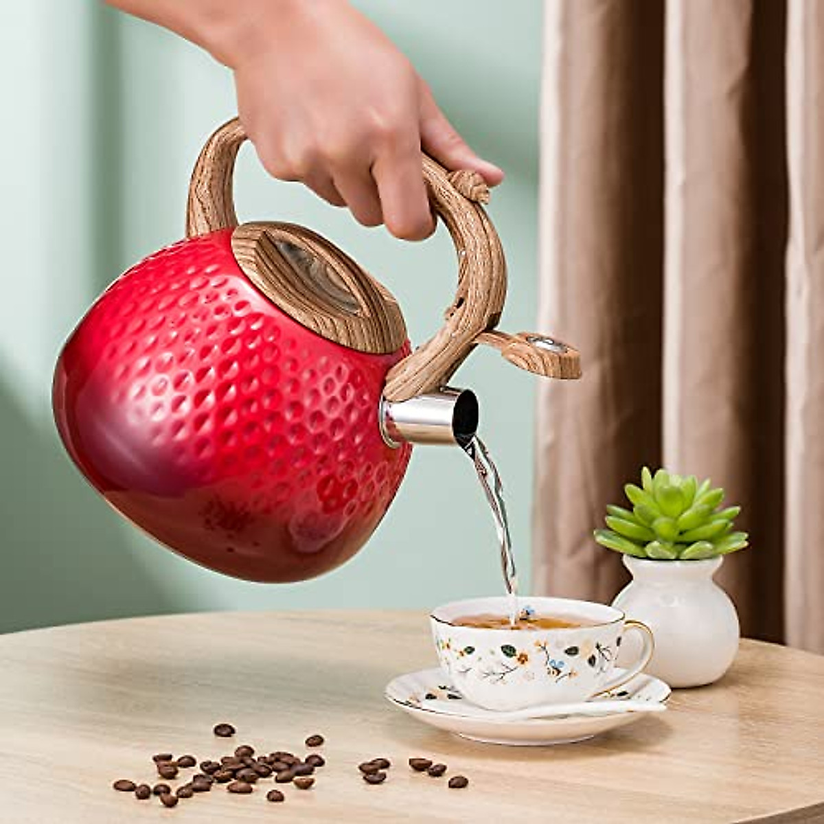 Tea Kettle, Stovetop Teapot, 2.7 Quart, Loud Whistle, Food Grade Stainless Steel and Smooth Wood Pattern Handle, Sophisticated Look for Hiking, Picnic, for Tea, Coffee, Milk (Red)