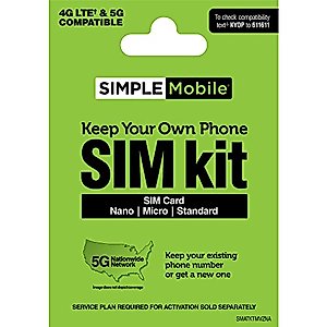 SIMPLE Mobile Prepaid Sim Card Kit (Verizon Network), Regular & Micro Size Sim Card