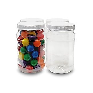 ljdeals 32 oz Clear Plastic Jars with Lids, Storage Containers, Wide Mouth, PET Mason Jars, Food Safe, BPA Free, Pack of 4, Made in USA