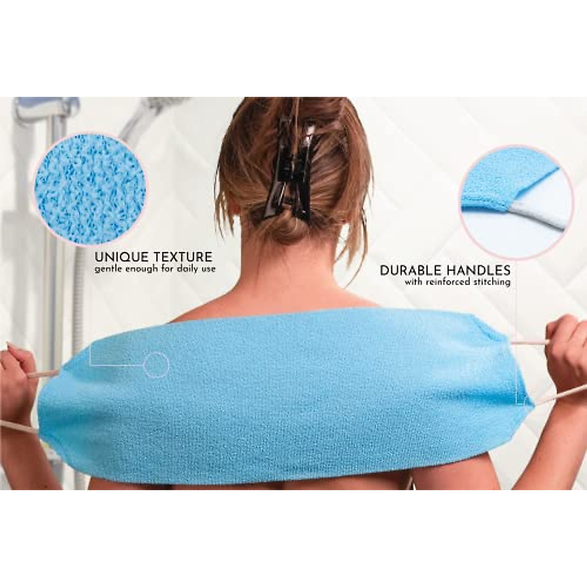 S&T INC. Exfoliating Body Scrubber, Back Exfoliator for Shower, Exfoliating Stretch Cloth with Handles, 8 Inch x 21 Inch, Blue, 1 Pack