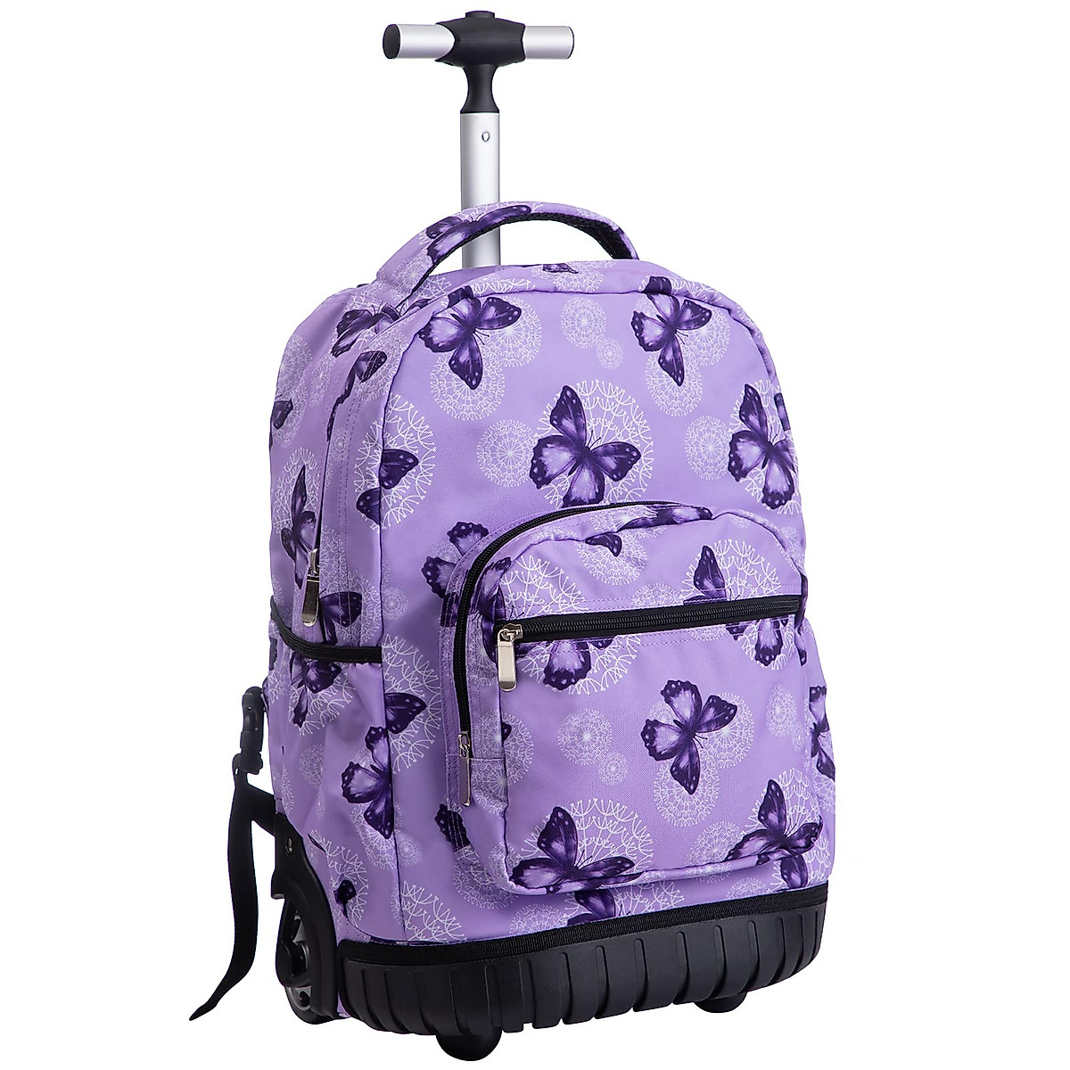 SKYMOVE 18 inches Wheeled Rolling Backpack Multi-Compartment Elementary Books Laptop Roller Bag Short Trip Carry-on for Women and Girls, Purple Butterfly