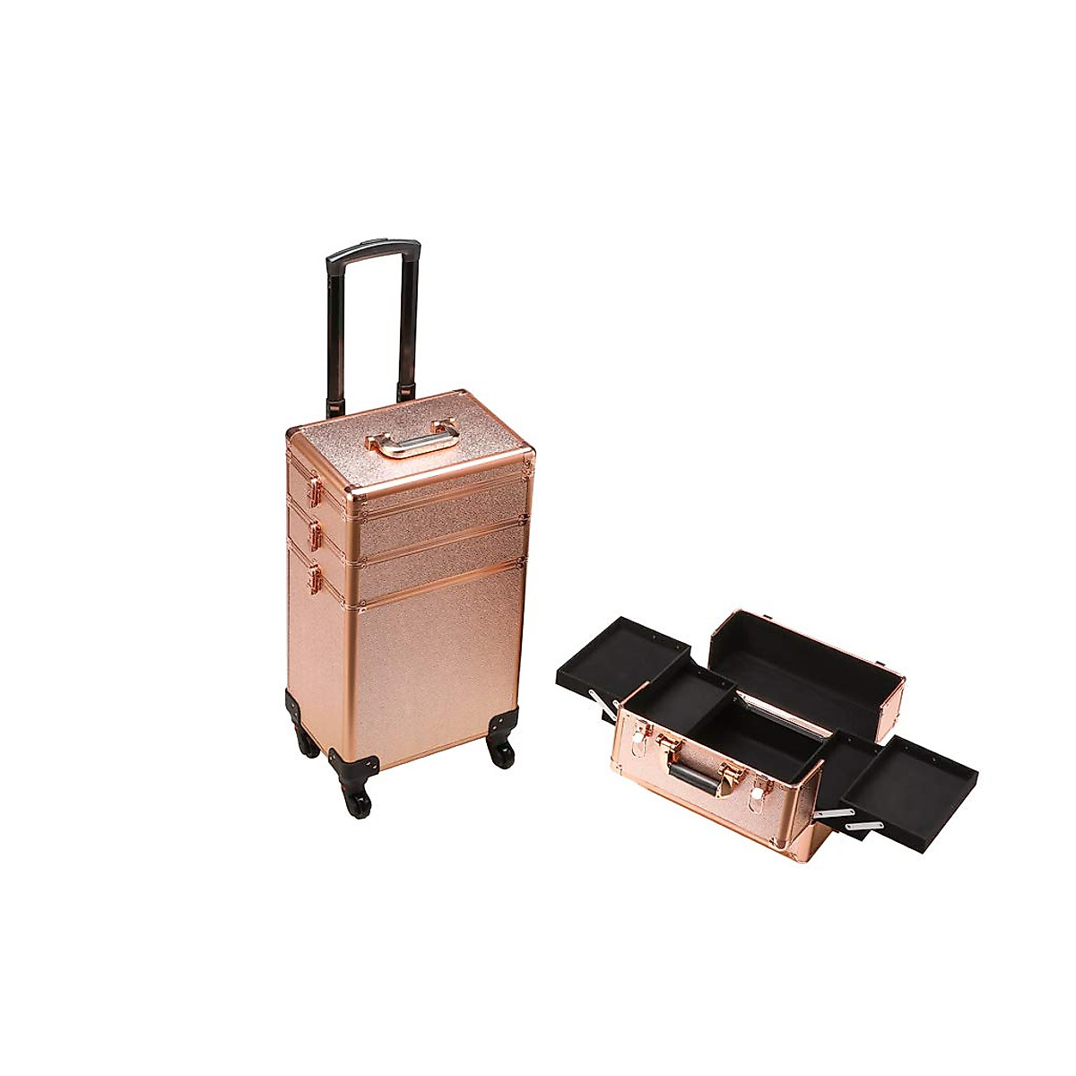 Rolling Train Case 5-in-1 Portable Makeup Train Case Professional Cosmetic Organizer Makeup Traveling case Trolley Cart Trunk (Rose Gold)