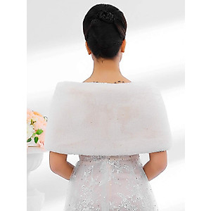 JAKAWIN Women’s Faux Rabbit Fur Wraps and Shawls Bride Wedding Fur Stole Bridal Fur Shrug for Women (S-M,White)