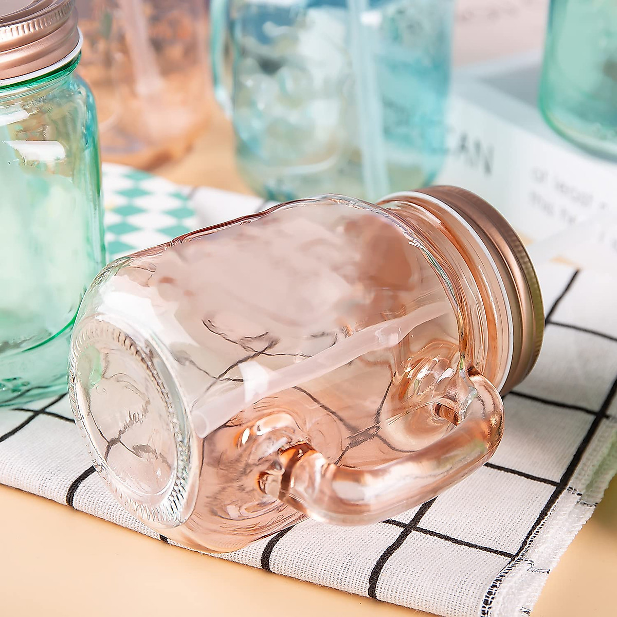 SUNNOW Vastto 6 Pack 15 Ounce Chromatic Engraved Glass Jar Mug with Handle and Straw