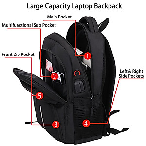 Vaupan Travel Backpack, Black Laptop Backpack with USB Charging Headphone Port for Men Womens Boys Girls, Anti Theft Water Resistant College School Bookbag Computer Backpack Fits 15.6 Inch Notebook