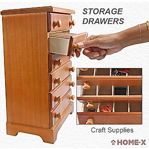 Home-X 6-Drawer Organizer for Sewing, Spools of Thread, Craft Supplies, Makeup, or Jewelry, Wood with Cherry Finish, 17" L x 6 ¾" W x 11 ¾" H