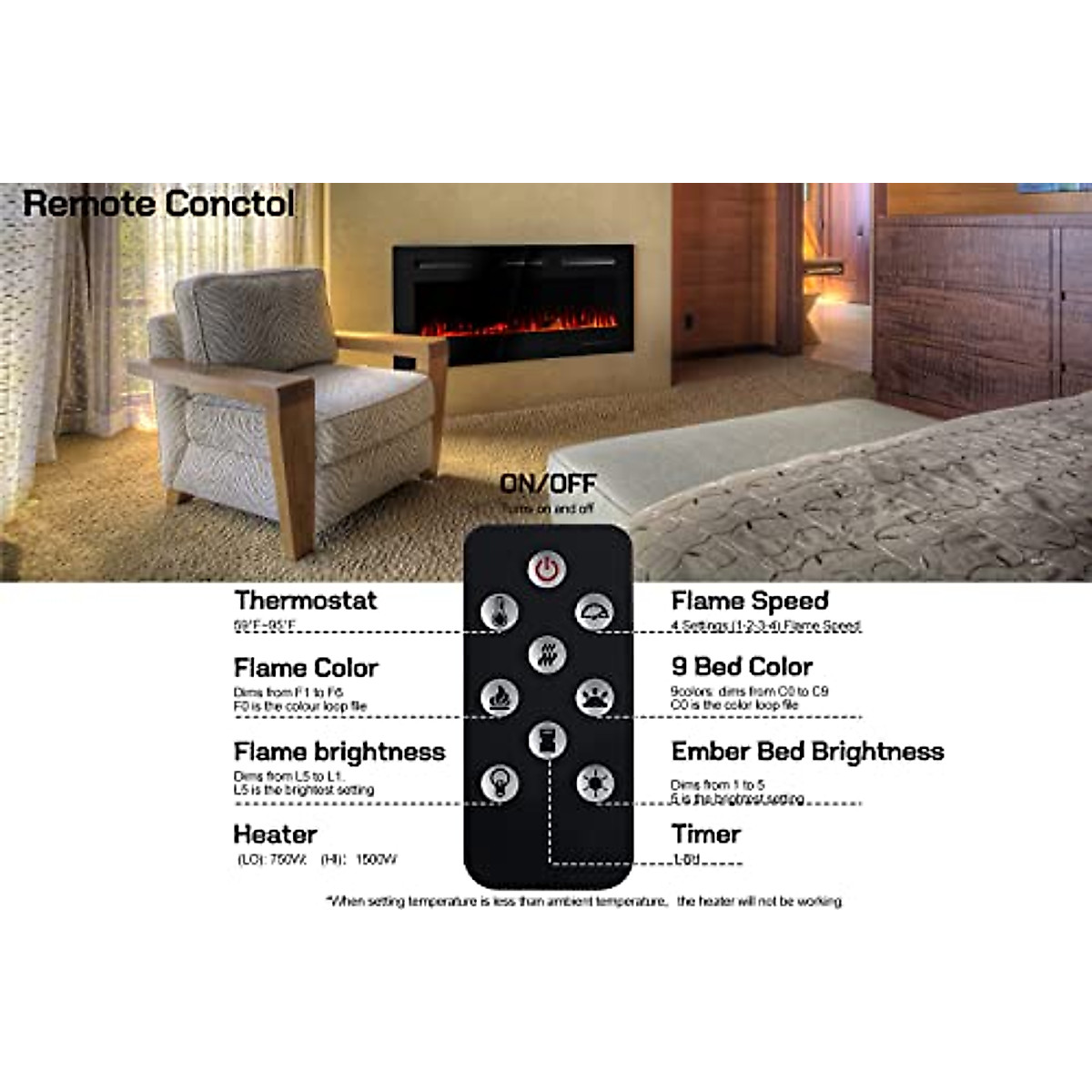 Uthfy 36" Electric Fireplace,1500W Recess & Wall Mounted Fireplace Heater & Linear Fireplace,6 Flame & 9 Ember Bed Colors,Remote Control,8H Timer,Adjustable Thermostat,Log & Crystal, Black (HY-HW36)
