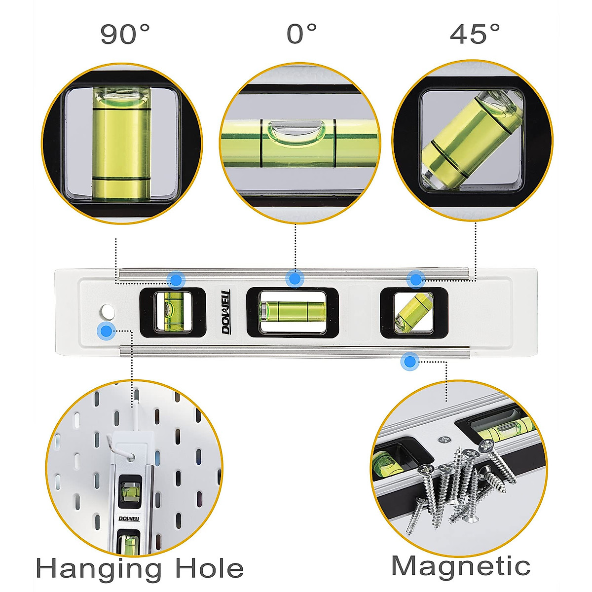 DOWELL Magnetic Torpedo Level Mini Bubble Level Box Spirit Level Alloy Frame 180/90/45 Degree 9-Inch (1, White)