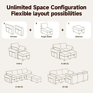 Real Relax 81.5'' Convertible Sectional Sofa Couch, 3 Seats L Shaped Linen Fabric Modular Sofa with Removable Pillows and Movable Ottoman, Light Gray
