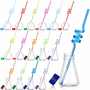 Tanlade 32 Pieces Science Party Theme Cups Set with Silly Loop Straws, Plastic Reusable Conical Flask Round Bottom Flask Shape Bottles and Funny Colorful Drinking Straws for Science Party Decorations