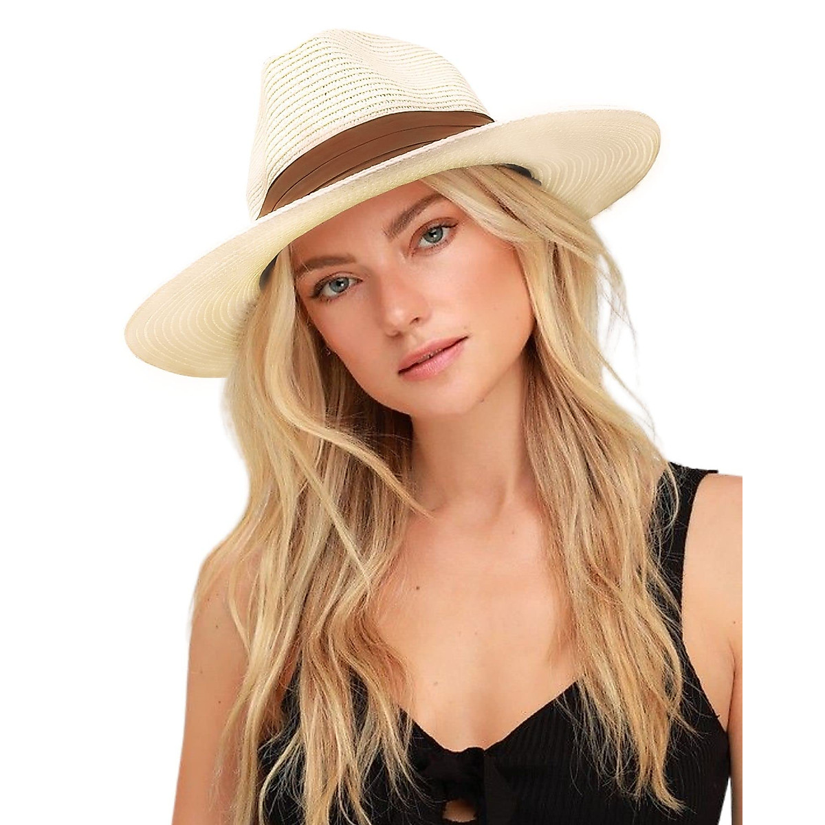 accsa Panama Straw Hat for Women Wide Brim Summer Sun Hat Ladies Straw Hat for Beach UPF 50+