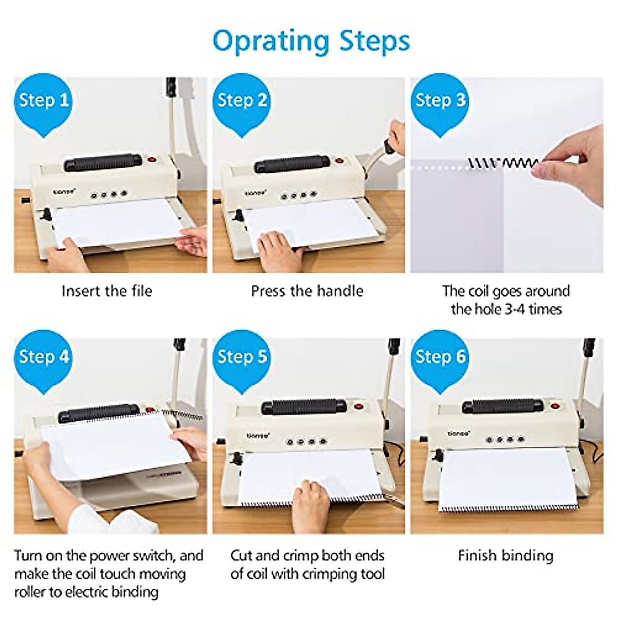 TIANSE Binding Machine, Spiral Coil Binder Machine, Electric Coil Inserter, 15 Sheets Punch Capacity, Suit for Letter Size / A4 / A5 Book Maker, with 100pcs 5/16'' Plastic Coil Binding Spines & Plier