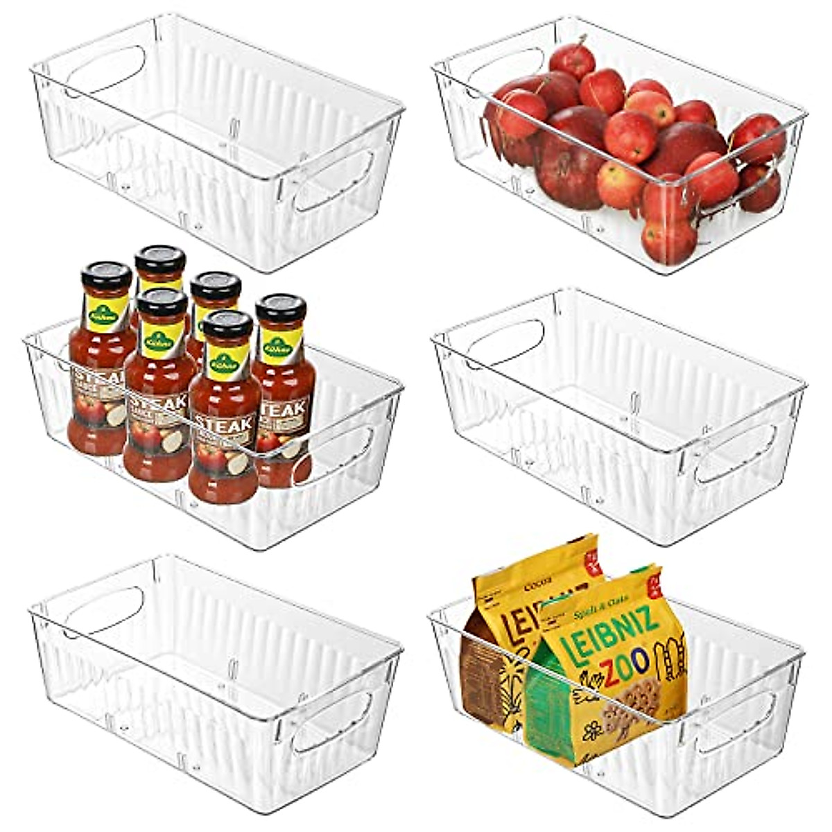 Tasmy Clear Plastic Pantry Organization and Food Storage Bin, Stackable Storage Box with Handle for Refrigerator, Kitchen, Countertops, Cupboard and Freezer Organization, BPA Free, Medium - Set of 6