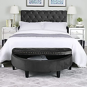 Iconic Home Jacqueline Half Moon Storage Ottoman Button Tufted Velvet Upholstered Gold Nailhead Trim Espresso Finished Wood Legs Bench Modern Transitional Black
