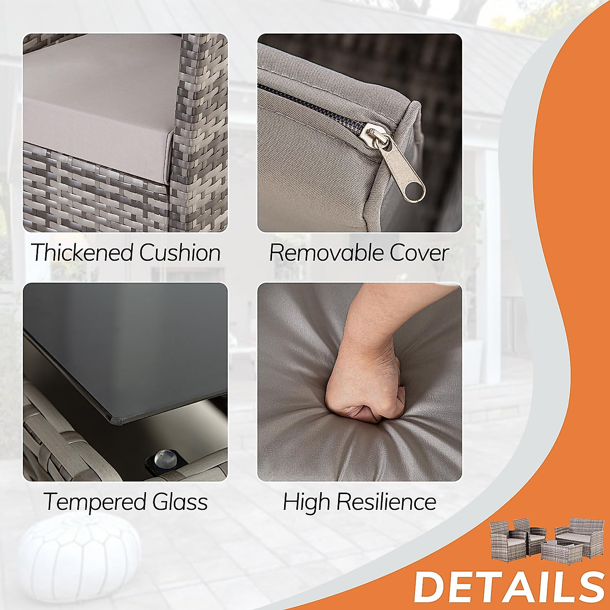 Seogwisam 4 Piece Patio Furniture Set,Outdoor Wicker Conversation Sets,Rattan Sectional Sofa w/Coffee Table,Seat Cushions for Backyard Porch Garden Poolside (Gray/Gray)