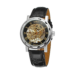 Gute Luxury Steampunk Bling Automatic Mechanical Wristwatch Golden Bezel Minimalist Stainless Steel (Black-Gold)