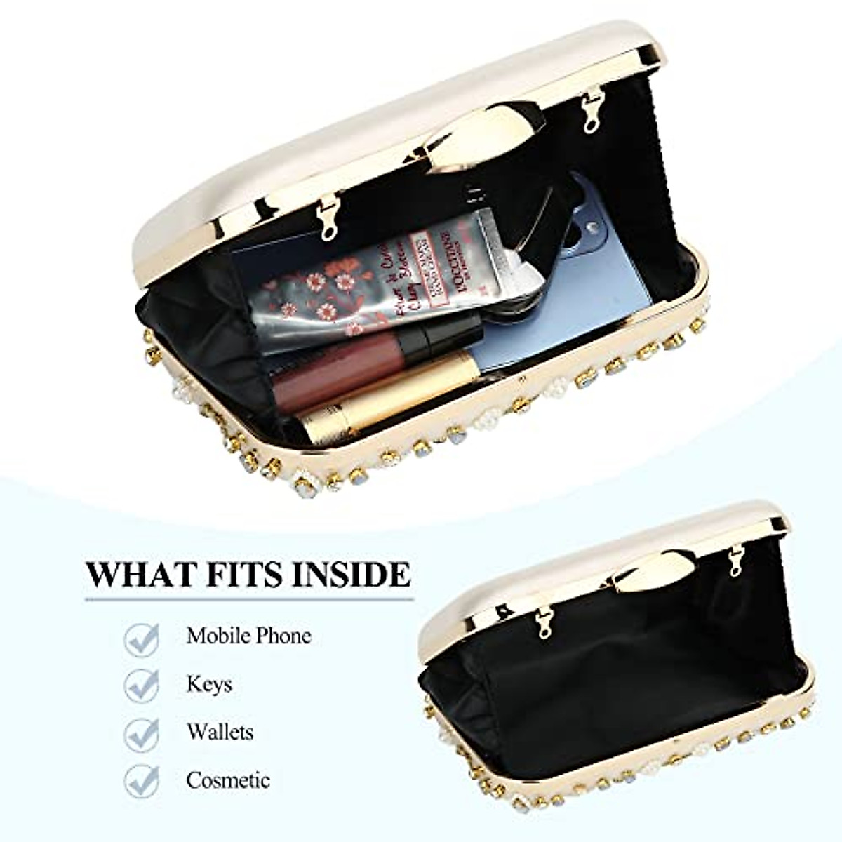 Women Noble Crystal Beaded Evening Bag Wedding Clutch Purse Champagne