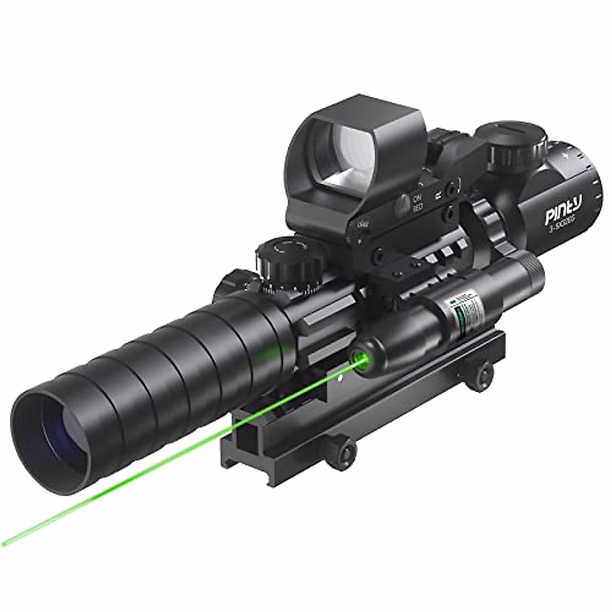 Pinty 4-in-1 Rifle Scope Combo, 3-9x32 Rangefinder Scope, Red & Green Dot Sight, Green Laser, 14 Slots Riser