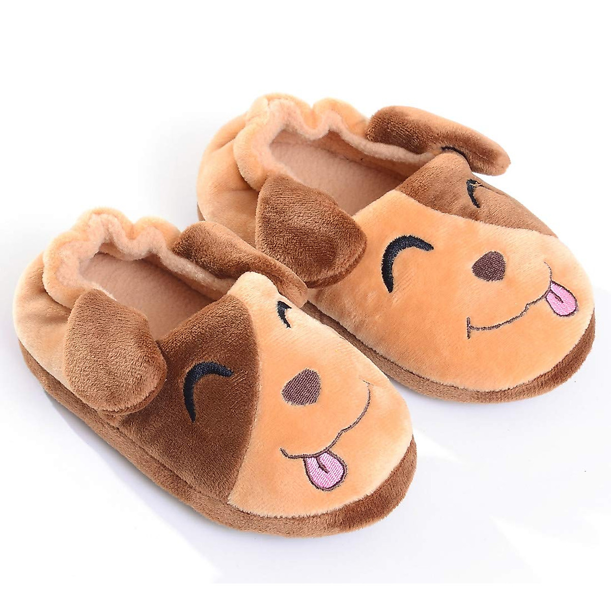 DADAWEN Toddler Boys Girls Soft Plush Slippers Cartoon Cute Animal Warm House Shoes Brown/Dog US Size 9-10 Toddler