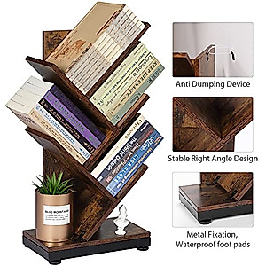 ruboka 4-Shelf Tree Bookshelf, 24.1-Inch Retro Floor Standing Bookcase Display for CDs/Magazine/Books, Small Bookshelf for Bedroom, Living Room, Office,Balcony, Brown Storage Shelves DESK51A