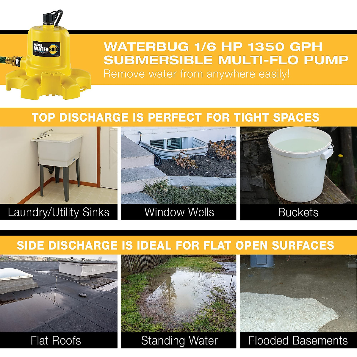 WAYNE WaterBUG 1/6 HP 1350 GPH Submersible Multi-Flo Technology-Water Removal and Transfer Pump, No Size, Yellow