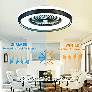 HUMHOLD 24" Low Profile Ceiling Fans with Lights - Smart Bladeless Ceiling Fan with Voice/APP Control Dimmable Color Chaning LED-RGB Back Ambient Light, Flush Mount Ceiling Fans Black