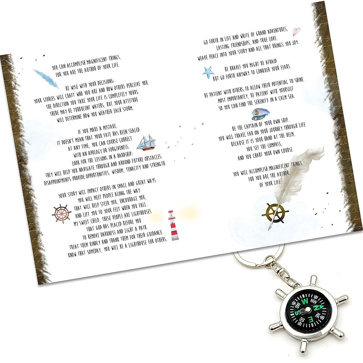 Smiling Wisdom - Old World - You Are The Author of Your Life Greeting Card and Fashion Helm Keychain Gift Set - Graduation Advice for Your Journey in Love, Friendships, and Life - Brown - Helm KC