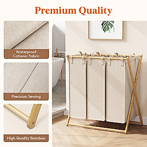 Lifewit 150L Large Laundry Hamper 3 Section, Collapsible Bamboo X-Frame Laundry Basket Sorter, Clothes Hamper with 3 Removable Bags for Laundry Room Bedroom Bathroom, Beige