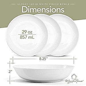 Maison Neuve Premium Porcelain White Dinner Bowls [Set of 4]- 29oz Dinnerware Kitchen Bowls For Soups, Noodles, Pasta, Salad, Cereal, Desserts- Durable Dishwasher-Safe 8.25” Serving Bowls- Super White
