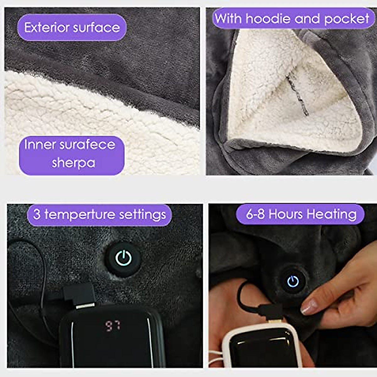 Battery Heated Wearable Blanket Hoodie for Women and Men, Cordless Sherpa Heated Blanket Wrap with Battery Pack, Warm and Cozy Heated Snuggie Shawl for Home and Office