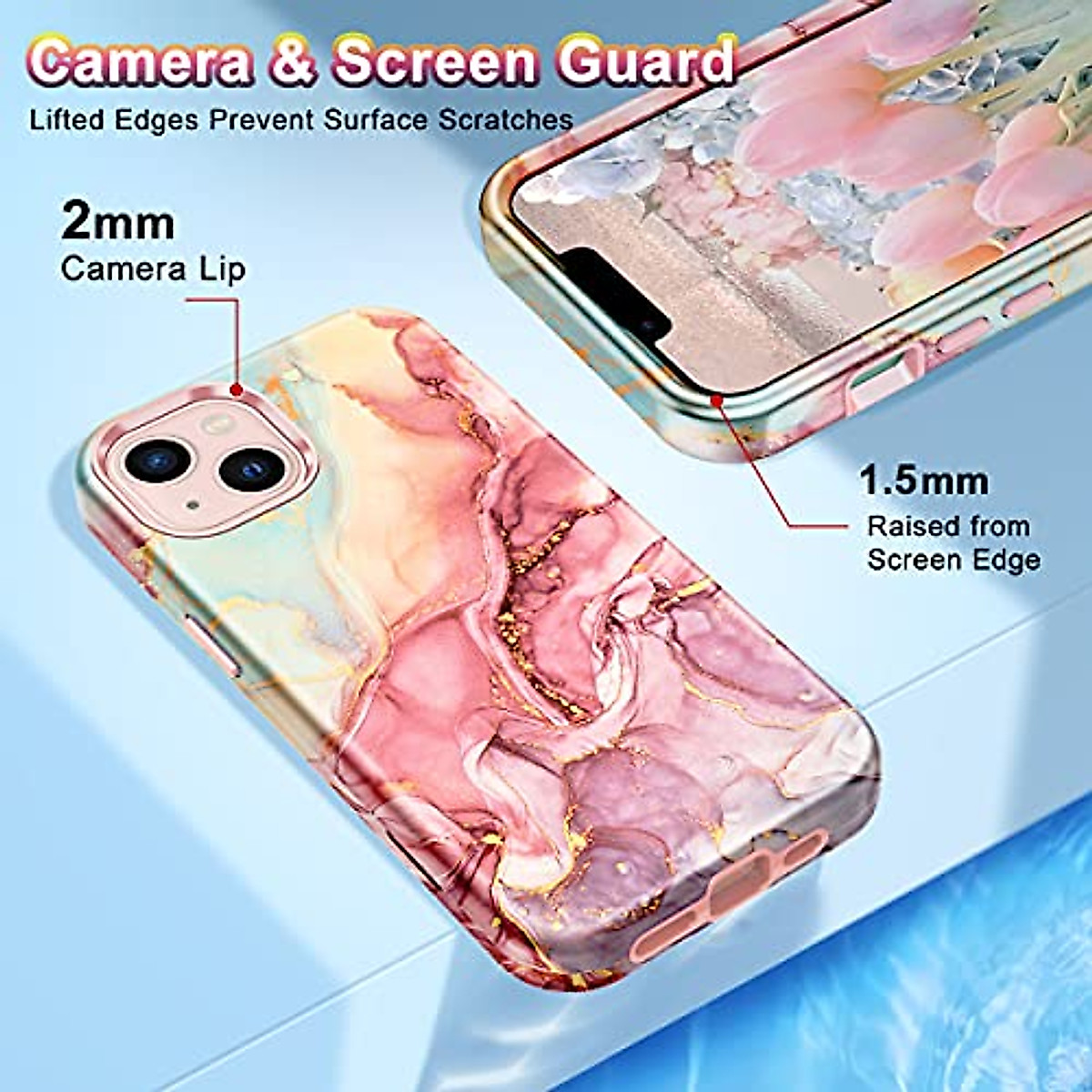 CASEFIV Compatible with iPhone 13 Case, Marble Pattern 3 in 1 Heavy Duty Shockproof Full Body Rugged Hard PC+Soft Silicone Drop Protective Girls Women Cover for iPhone 13 6.1 inch 2021, Rose Gold