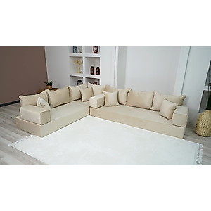 8" Thickness Velvet Beige Color L Shaped Floor Seating, Arabic Seating Couch, Luxury Velvet Floor Seating, Corner Sectional Sofa, Loveseats (L Sofa Only)
