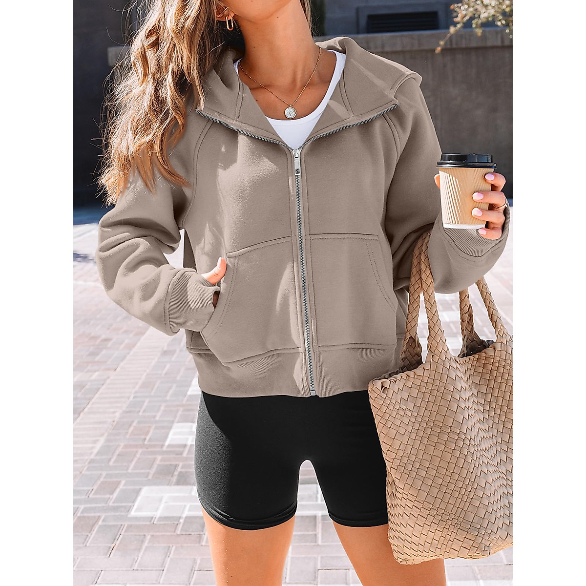 AUTOMET Womens Zip Up Hoodies Fleece Jackets Oversized Sweatshirts Fall Fashion Outfits 2025 Sweaters Winter Clothes CoffeeGrey M