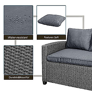 DHPM Patio PE Wicker Furniture Set Outdoor Brown Rattan Sectional Conversation Sofa Chair with Table & Soft Cushions, Gray