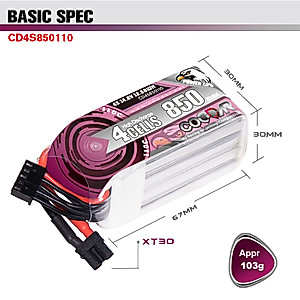 CODDAR 850mAh 4S 14.8V 110C LiPo Battery with XT30 Connector for RC Heli Airplane Quadcopter Helicopter Multi-Motor Hobby DIY Parts,63mm to 101mm Size FPV, 63mm inch to 76mm CineWhoop, CD4S850110