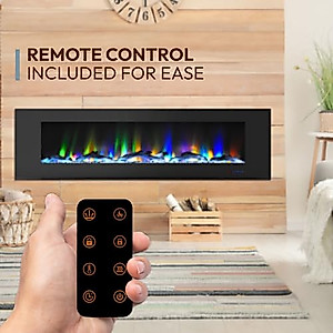 Cambridge 72 Inch Wall Mount Electric Fireplace Heater with Remote Control, Multicolor Flames, and Driftwood Log Display for Indoor Use in Living Room, Bedroom, Home Office, Black